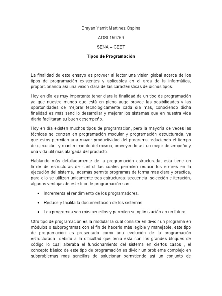 Ensayo Tipos de Programacion | PDF | Programación orientada a objetos | Objeto (informática)