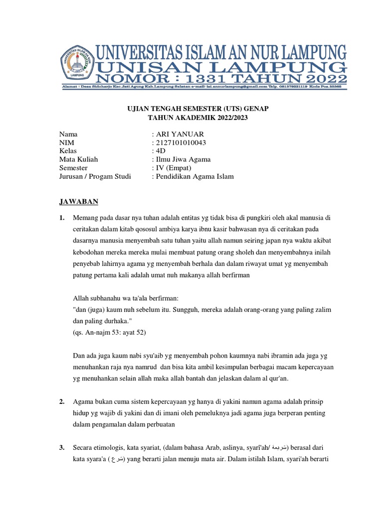 UTS Pendidikan Agama Islam 2022/2023 | PDF