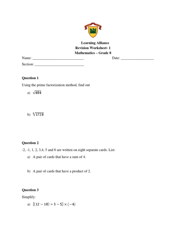 Maths Revision Worksheet Grade 8 Cambridge Checkpoint Learning Alliance ...