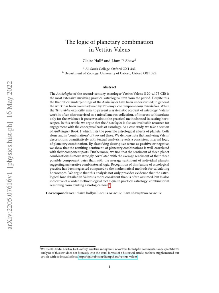 The Logic of Planetary Combination: Claire Hall and Liam P. Shaw | PDF | Planets In Astrology ...