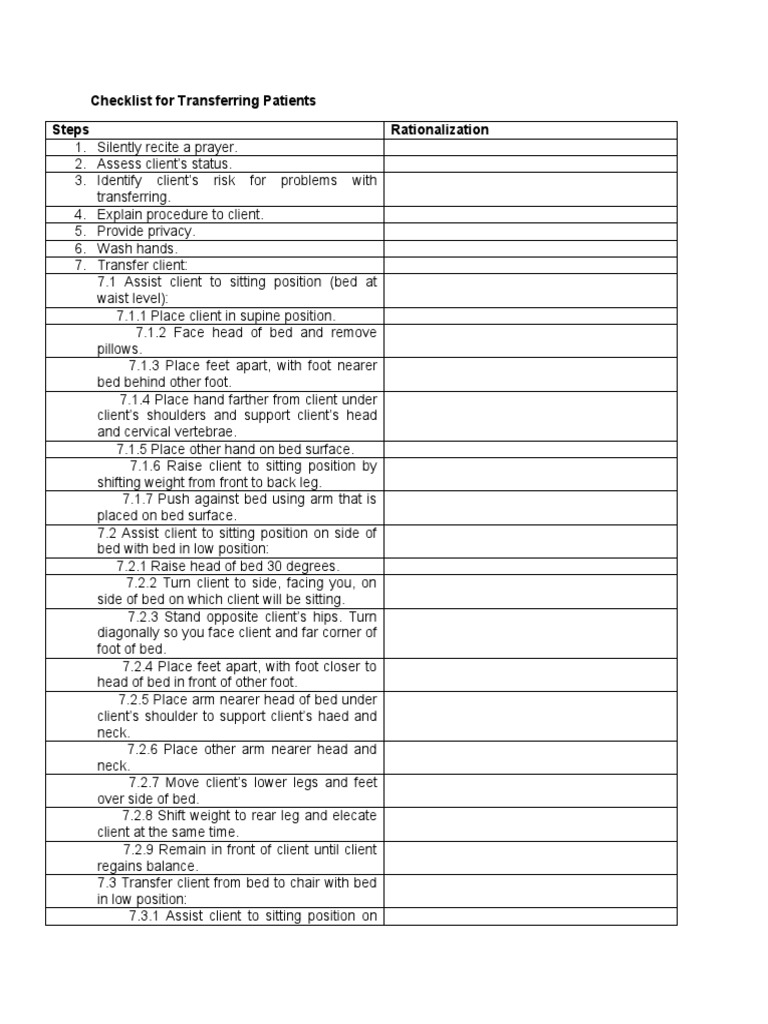 Patient Transfer Procedure Checklist | PDF | Anatomical Terms Of Motion ...