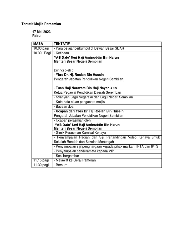 Tentatif Majlis Perasmian MB | PDF