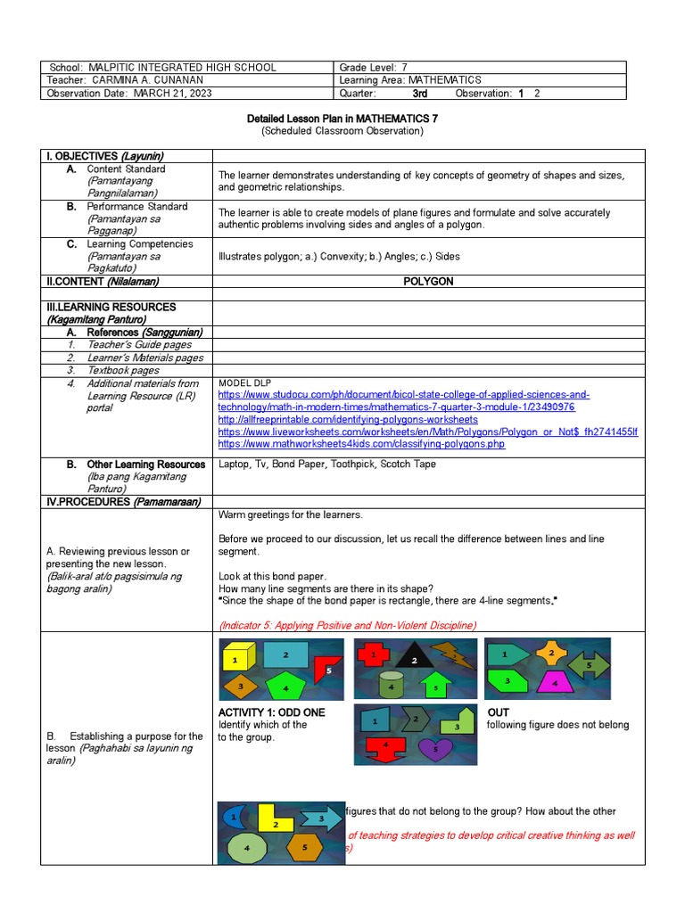 COT 1 Math 7 2022 2023 | PDF | Shape | Polygon