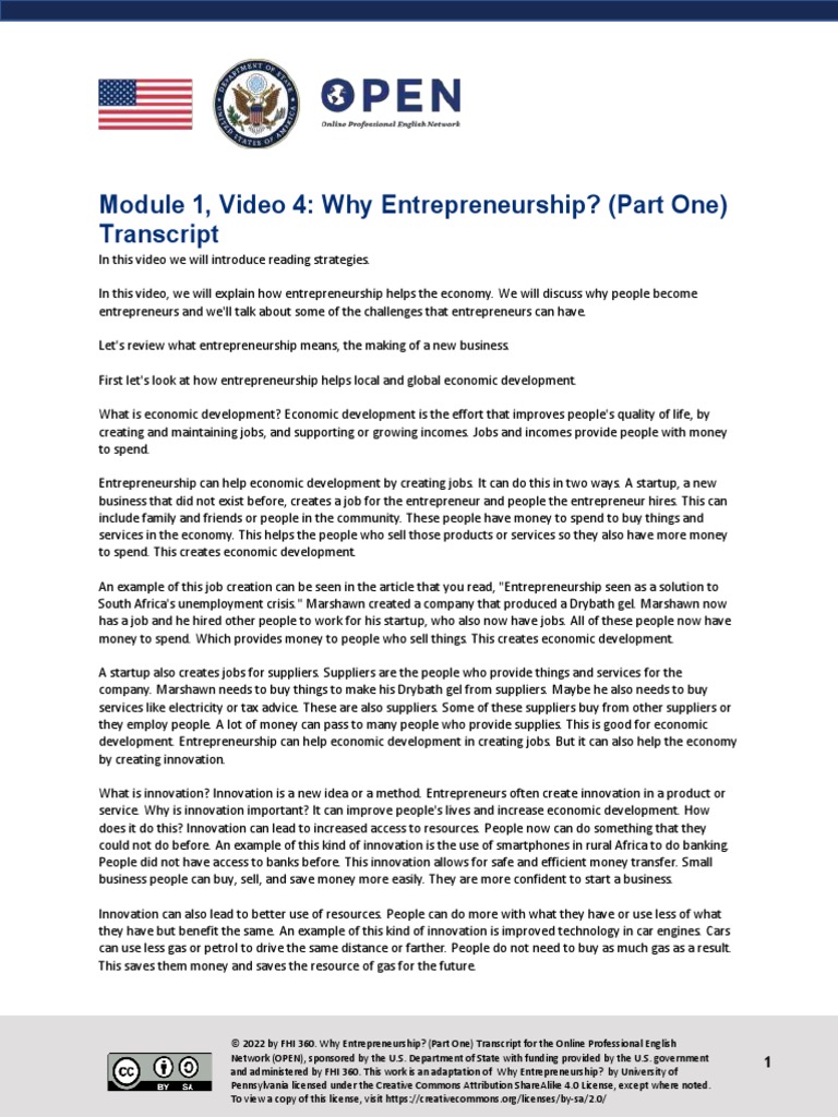 M1 T4 Why Entrepreneurship (Part 1) Transcript | Download Free PDF | Entrepreneurship | Innovation