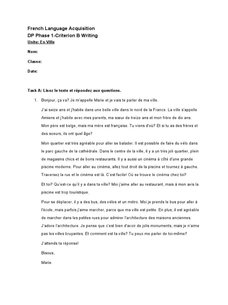 DP - en Ville Formative Assessment | PDF