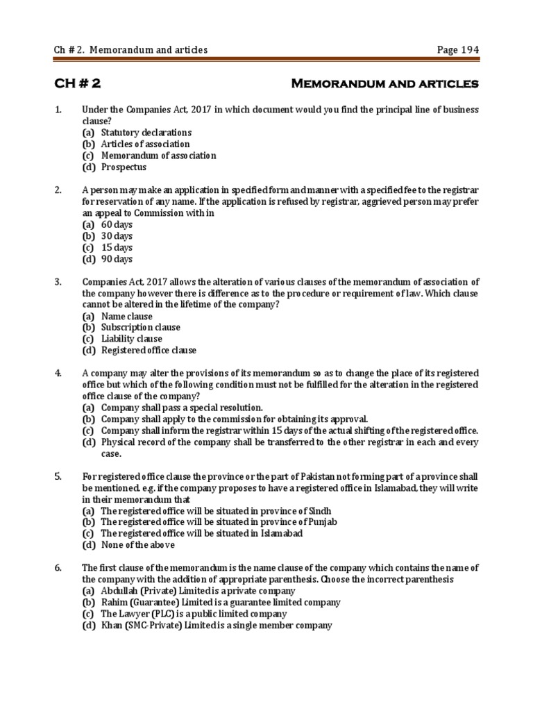 MCQS Chapter 2 Company Law 2017 | PDF | Articles Of Association ...