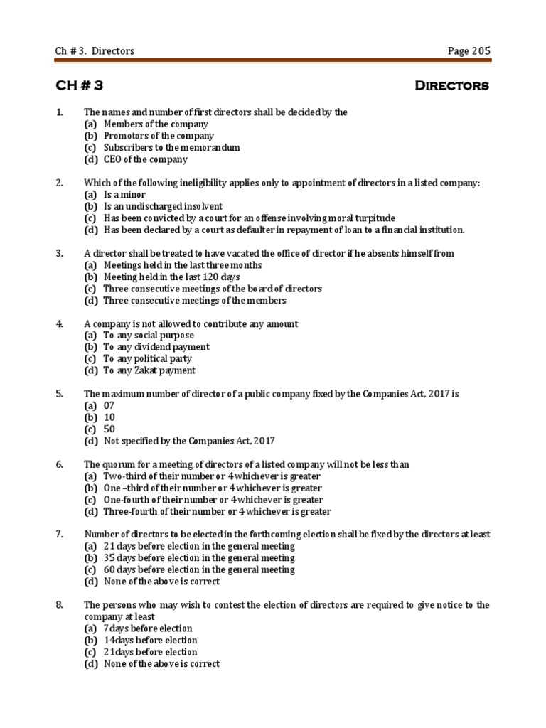MCQS Chapter 3 Company Law 2017 | PDF | Board Of Directors | Limited ...