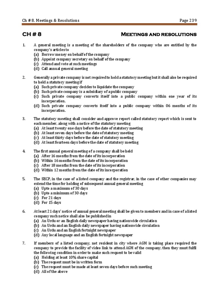 MCQS Chapter 8 Company Law 2017 | PDF | Proxy Voting | Dividend