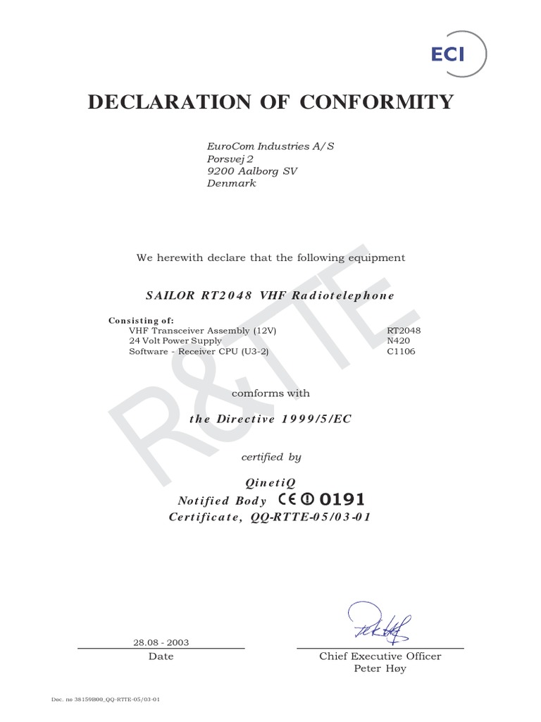 RT2048 Declaration For Conformity | PDF