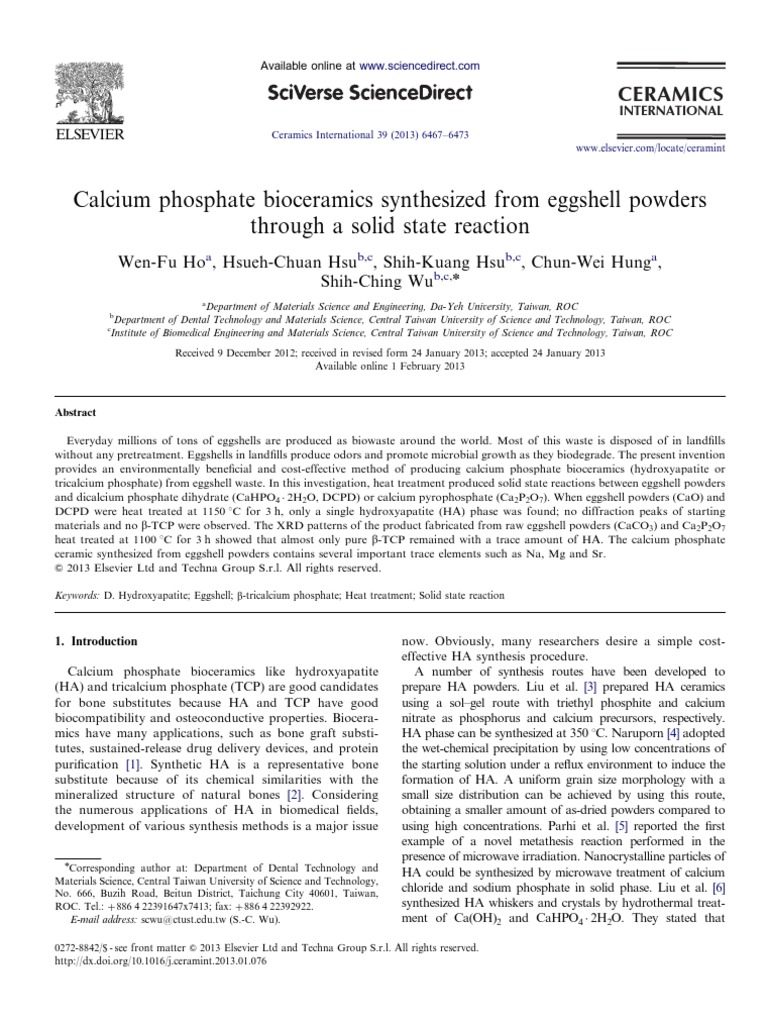 Calcium Phosphate Bioceramics Synthesized From Eggshell Powders Through ...