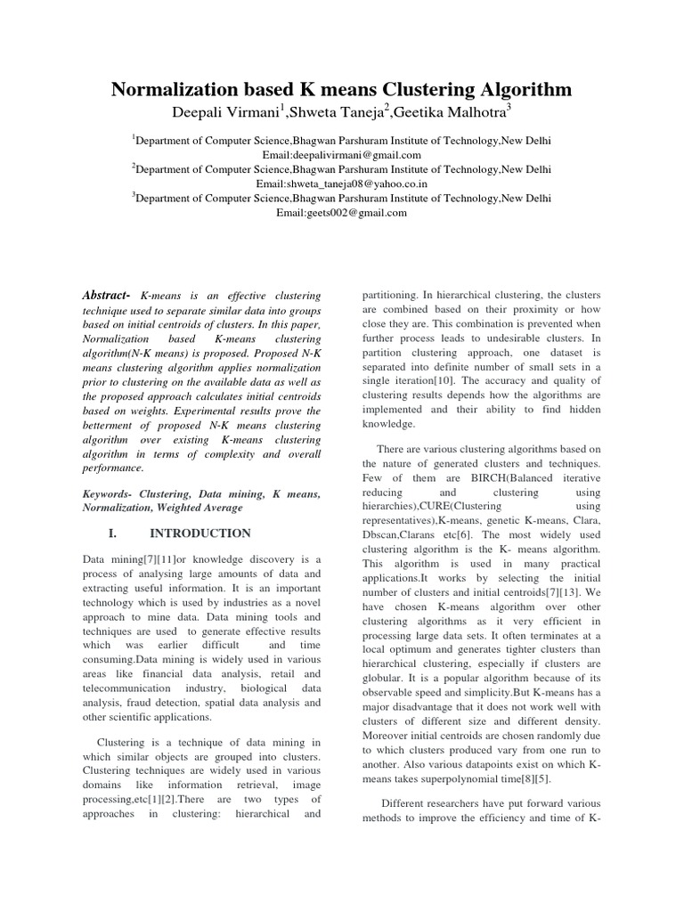 Normalization Based K Means Clustering Algorithm | Download Free PDF | Cluster Analysis | Data ...