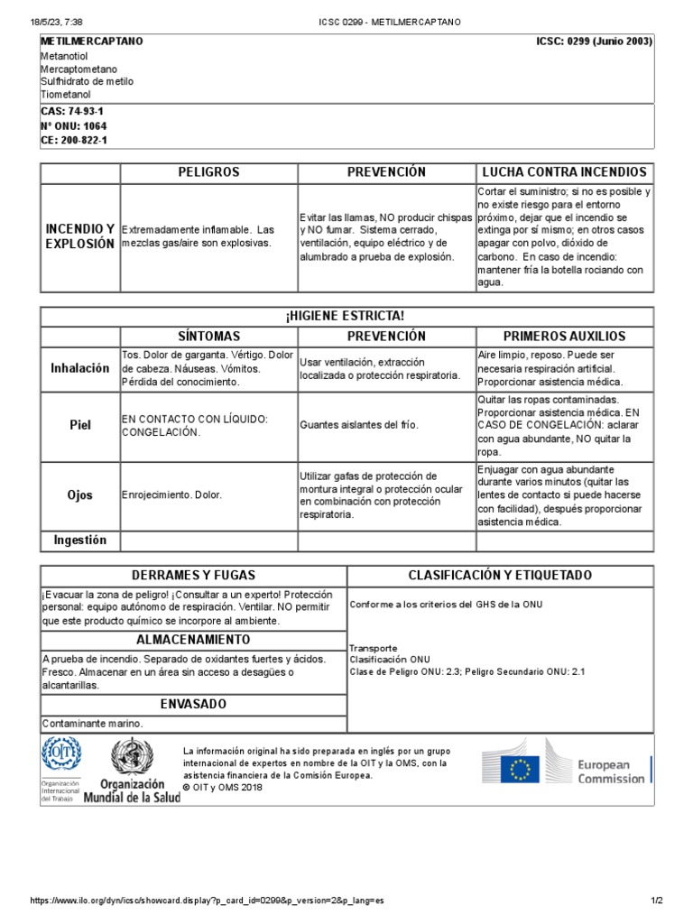 Icsc 0299 - Metilmercaptano | PDF | Agua | Química