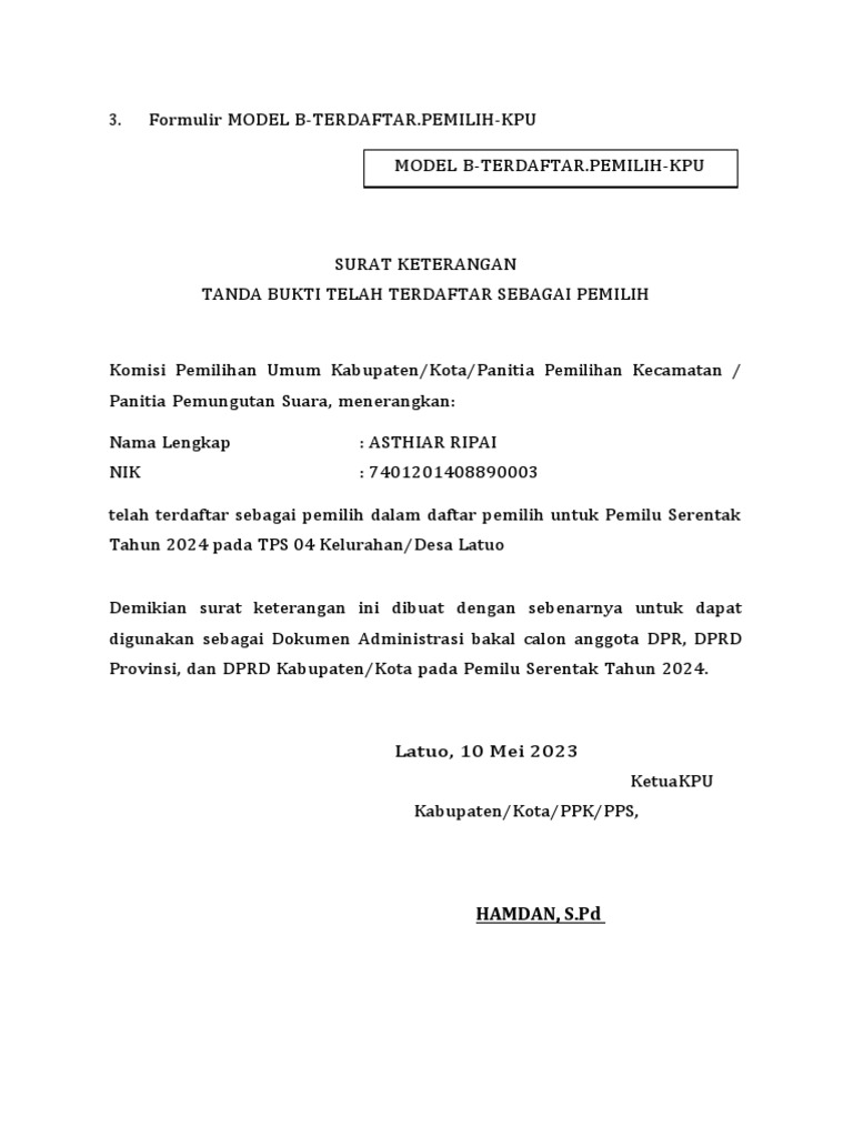 Formulir MODEL B-TERDAFTAR - PEMILIH-KPU | PDF | Politik | Ilmu Sosial