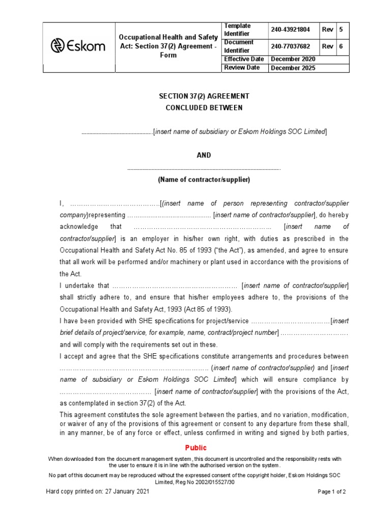 SHE Agreement Form Section 37 | PDF | Business | Common Law