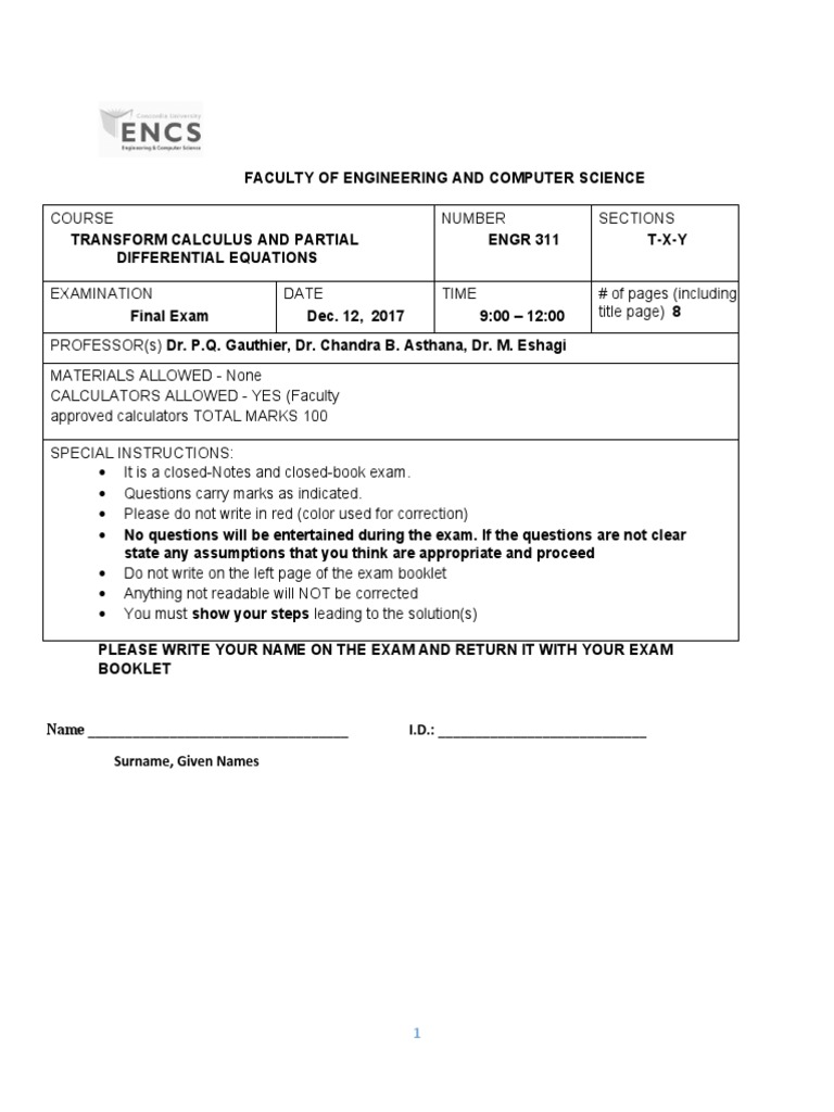 Final Exam: Transform Calculus & PDEs | PDF | Fourier Series ...