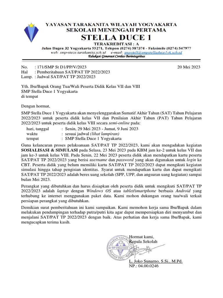 Pemberitahuan SAT-PAT TP 2022-2023 | PDF