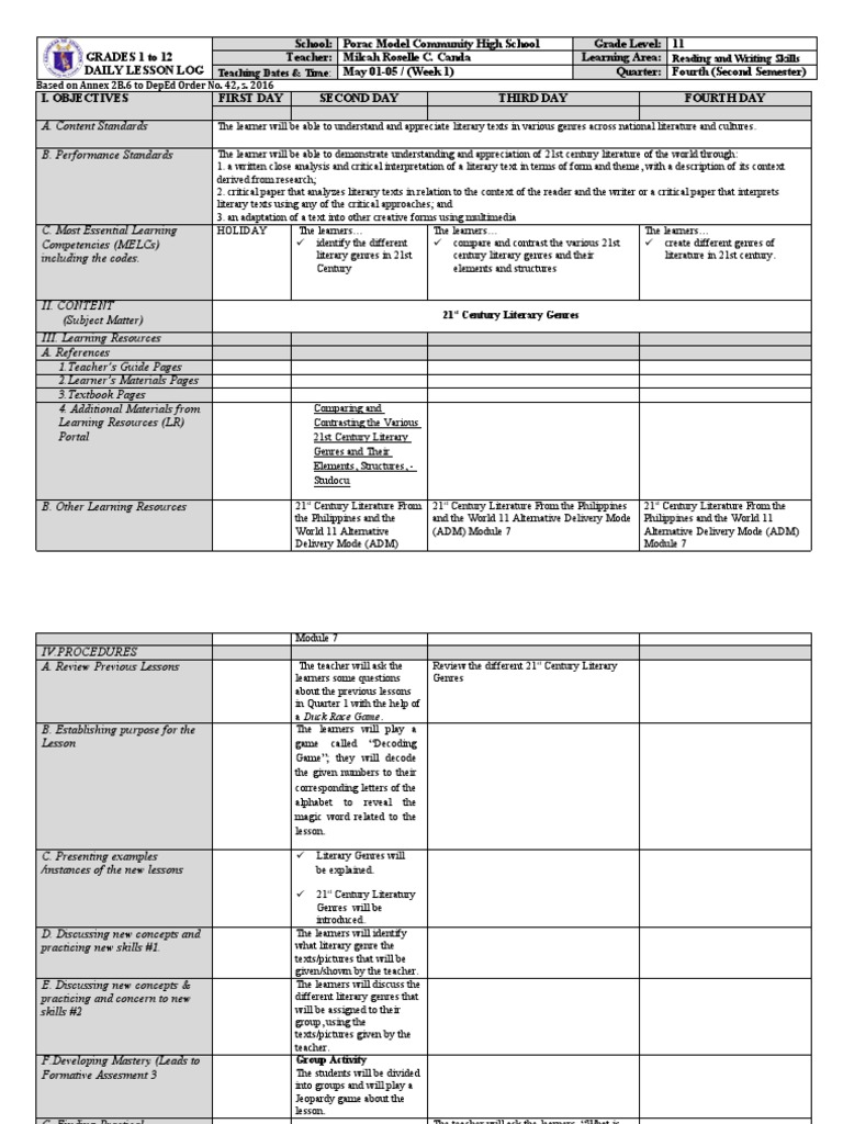 Reading and Writing Skills Teaching Dates & Time:: Based On Annex 2B.6 ...