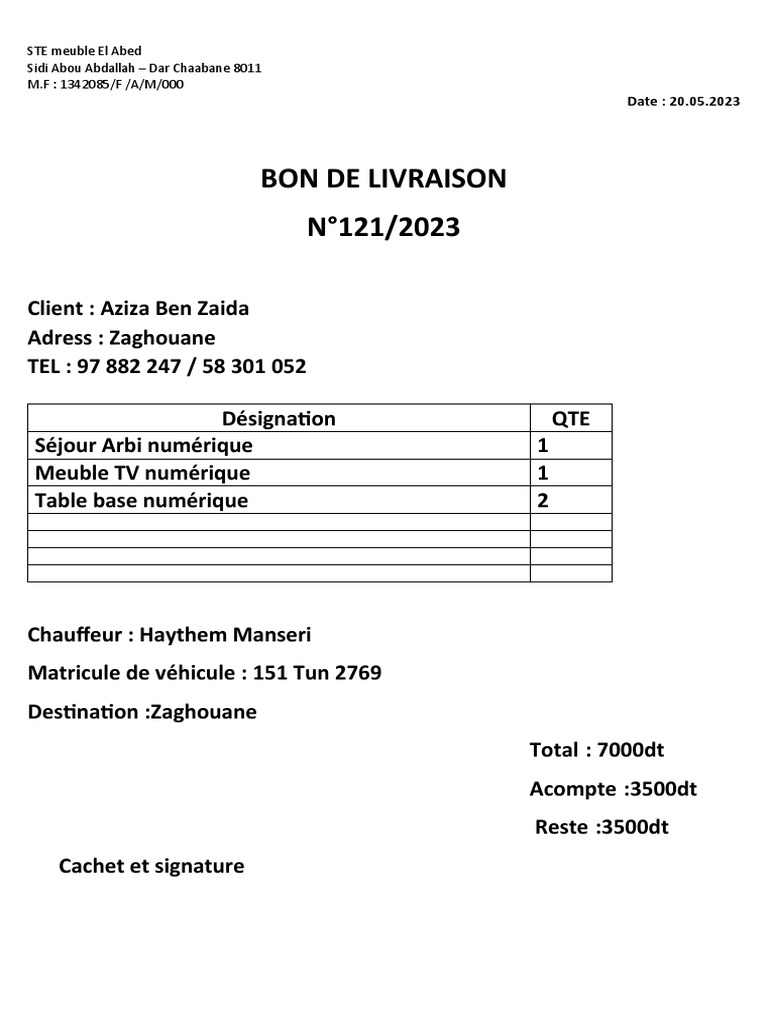 Bon de livraison meuble Aziza 2023 | PDF