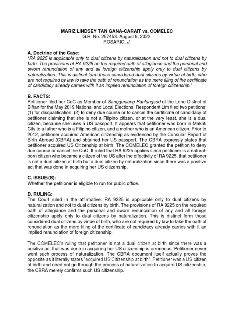 Gana-Carait vs. COMELEC | PDF | Citizenship Of The United States ...