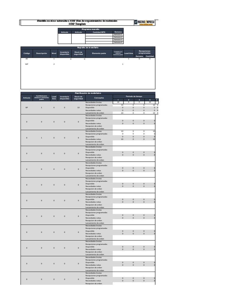 Plantilla Semiautomática MRP Planificación de Requerimientos de Material | PDF | Procesos de ...