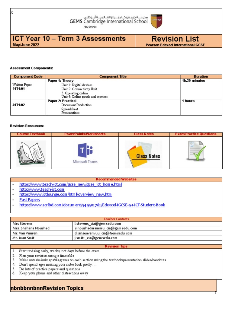 Y10 ICT Revision Checklist Mock Term3 | PDF | Computer Network | Computer Data Storage