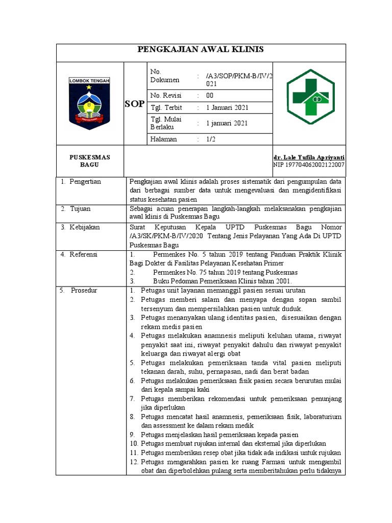 SOP Pengkajian Awal Klinis | PDF | Sains & Matematika