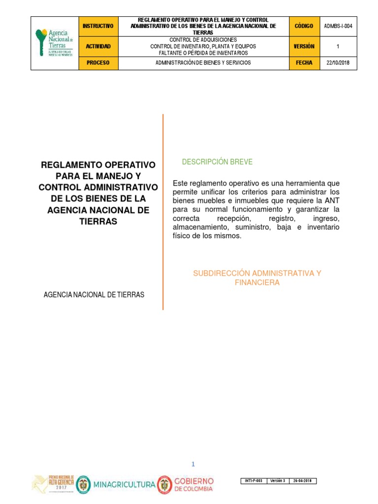 Admbs I 004 Reglamento Operativo para El Manejo y Control Admitivo de Los Bienes de La Ant | PDF ...