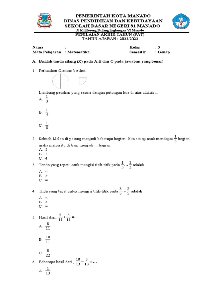 Soal Matematika - SD Pandu Cerdas | PDF