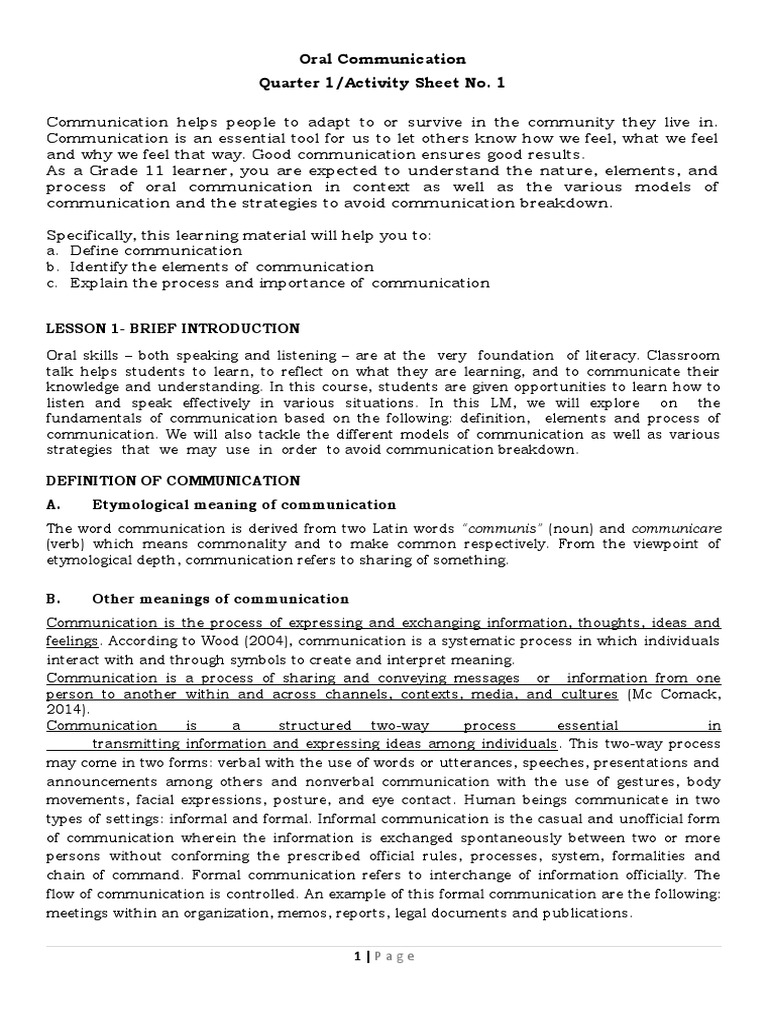 Activity Sheet 1-Oral Comm | PDF | Communication | Nonverbal Communication