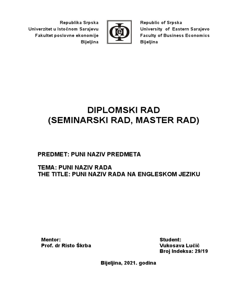 Uputstvo Latinica Za Pisanje Diplomskih Radova Sa Naslovnom Stranicom ...