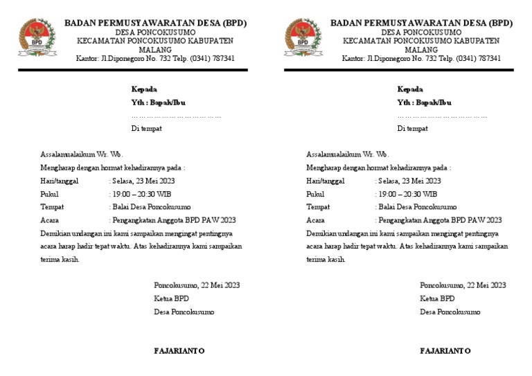 Undangan Pemilihan BPD PAW 2023 | PDF