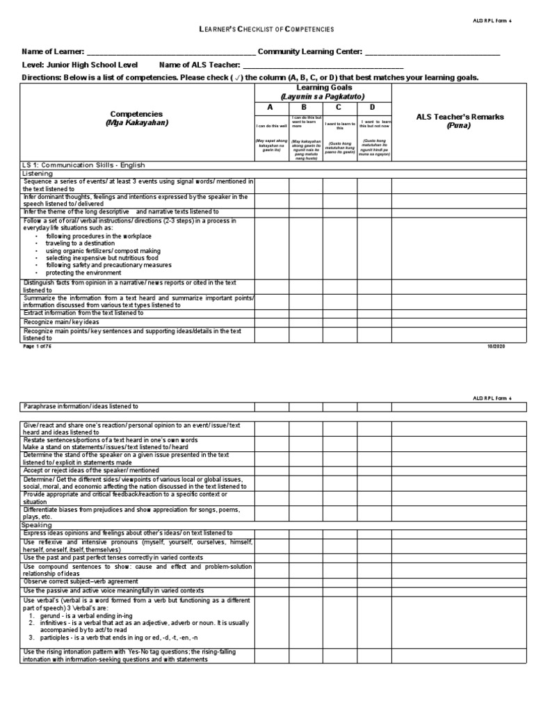 RPL Form 4 JHS Learners Checklist of Competencies | PDF | Verb | Essays