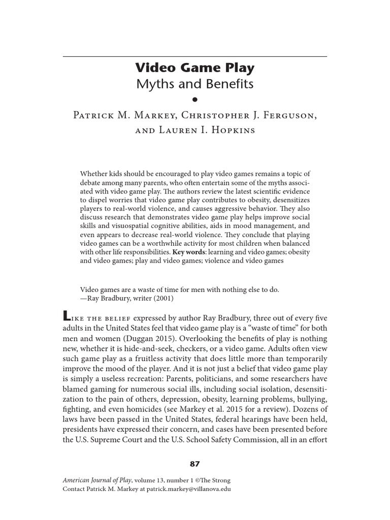 Video Game Play Myths and Benefits | PDF