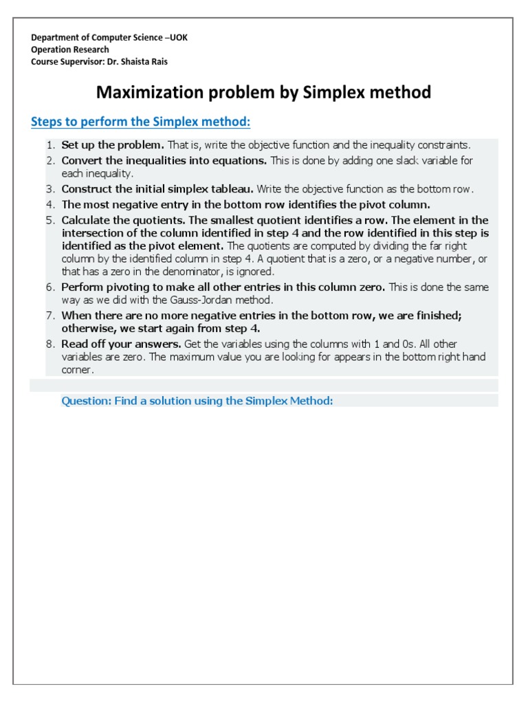 Maximization Problem by Simplex Method | PDF