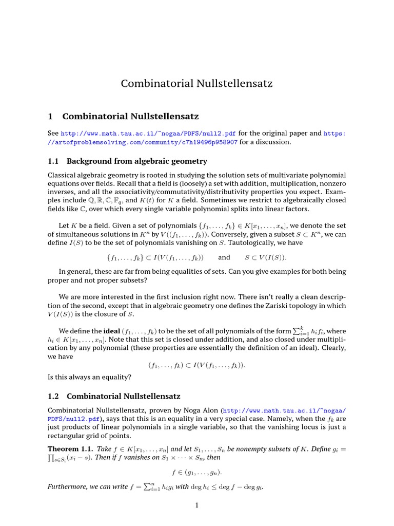 1 Combinatorial Nullstellensatz Pdf Field Mathematics Algebraic Geometry