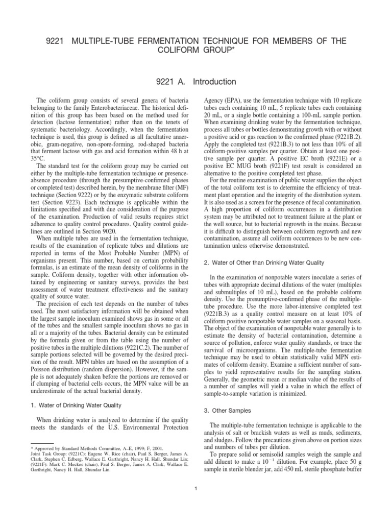 9221 Multiple-Tube Fermentation Technique For Members of The Coliform ...
