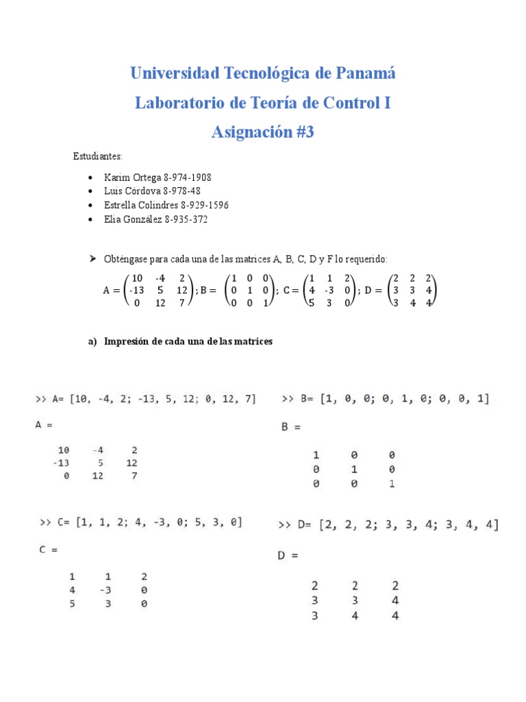 Laboratorio N°1. Sistemas de ecuaciones lineales y matrices | PDF