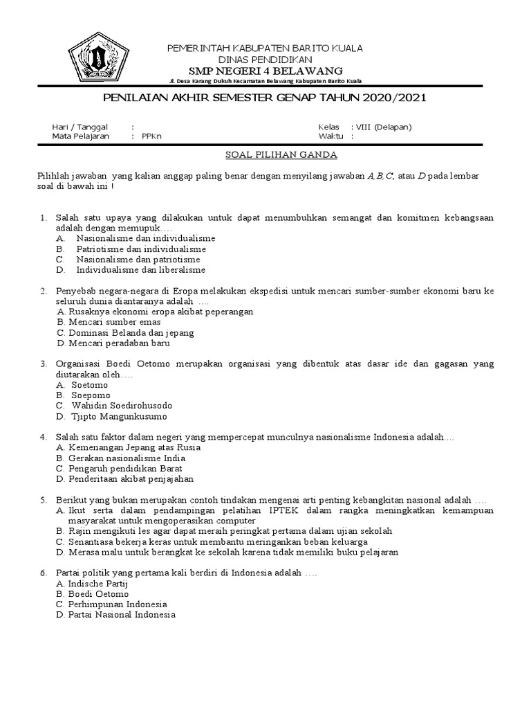 Soal Pas Genap PPKN Kls 8 2021 | PDF