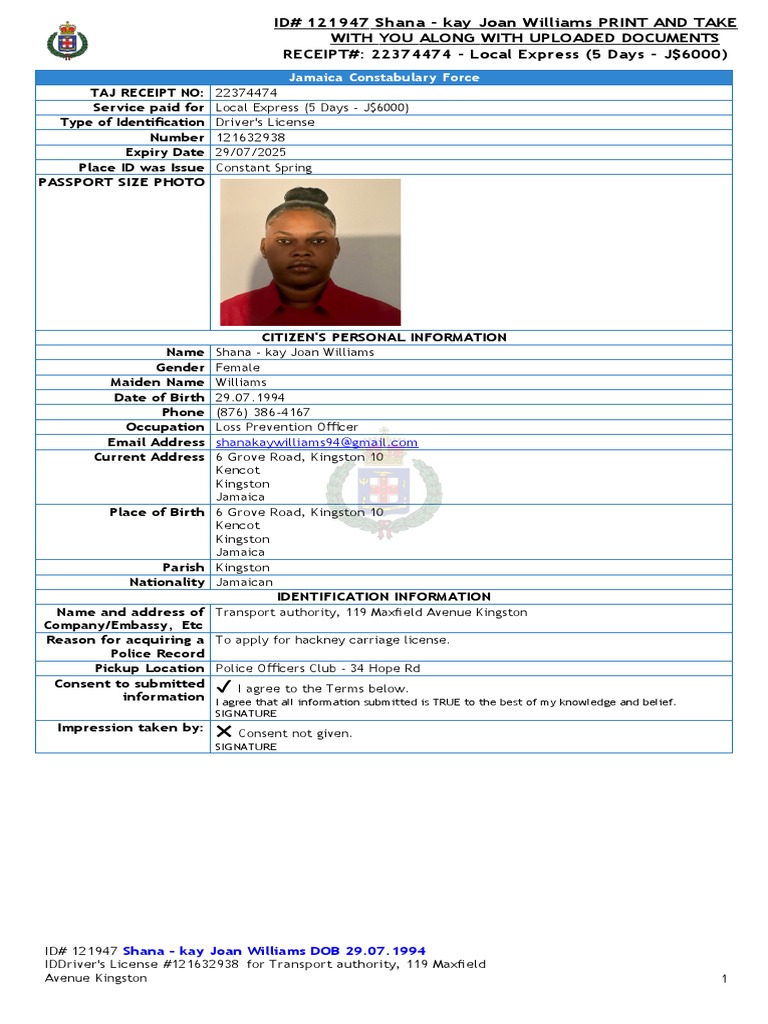 Jamaica Constabulary Force: Shana - Kay Joan Williams DOB 29.07.1994 | PDF