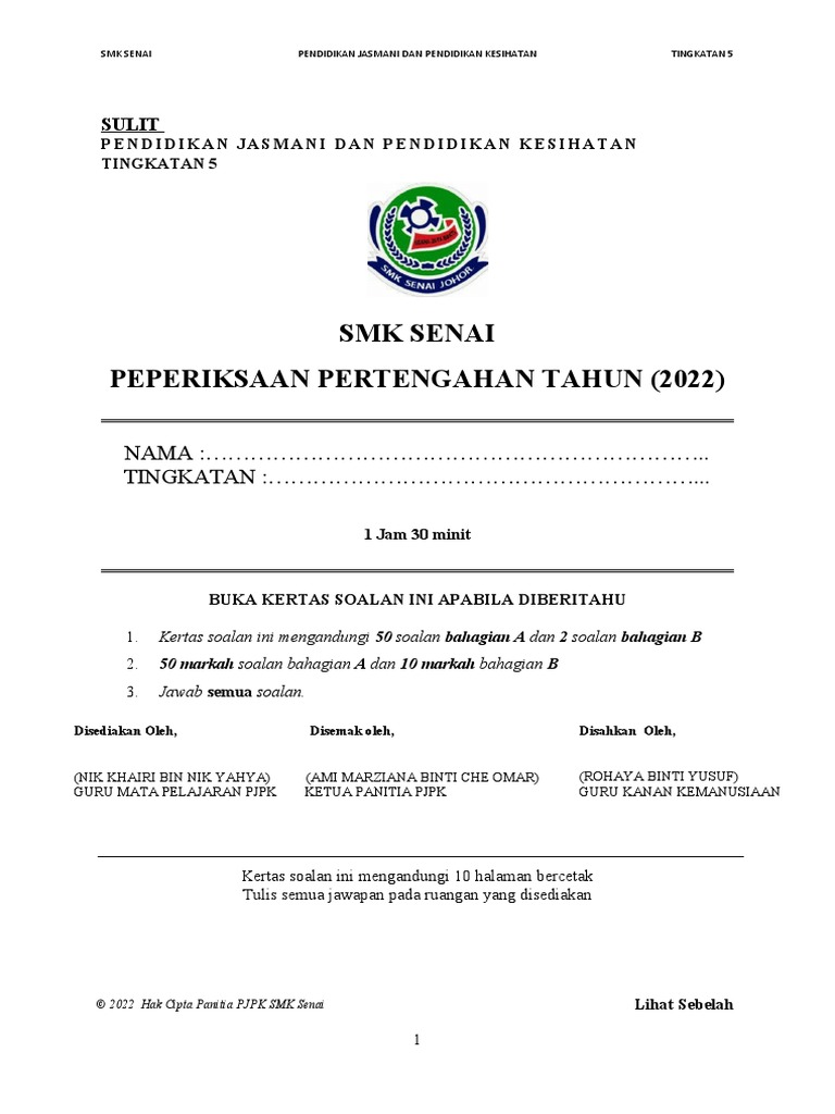 Peperiksaan Pertengahan Tahun PJPK T5 2022 | PDF