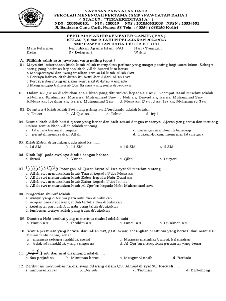 SOAL LATIHAN PAI KELAS 8 PAS SMT GANJIL 2022 A | PDF