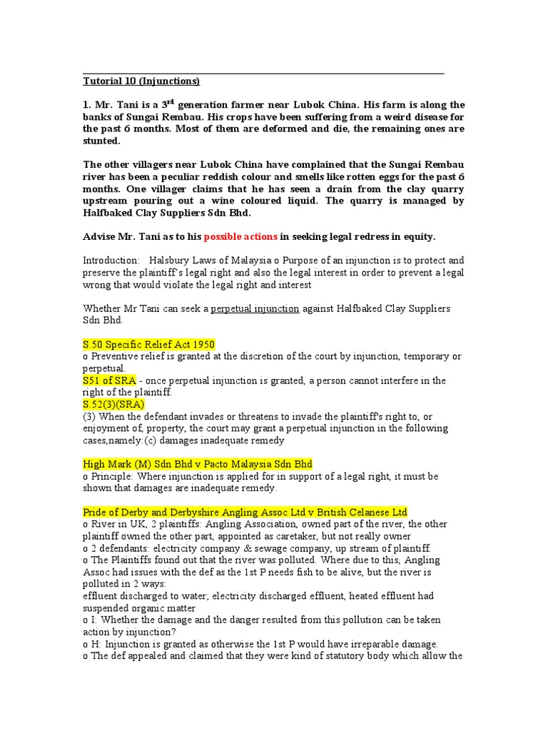 Tutorial 10 (Injunctions) | PDF