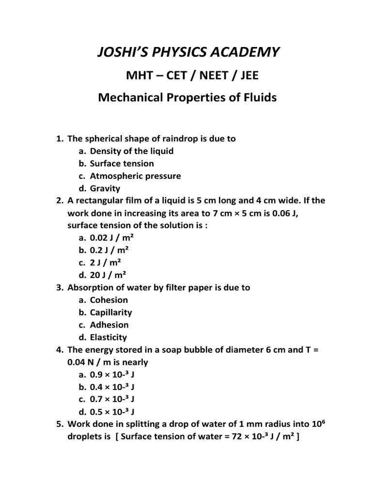 Mechanical Properties of Fluids MCQ'S | PDF | Science & Mathematics