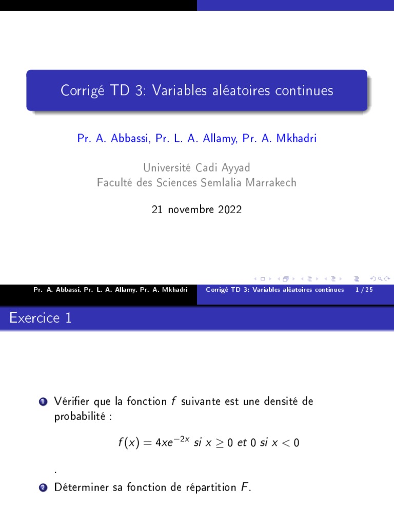 Corrigé TD sur les variables continues | PDF | Loi de probabilité ...