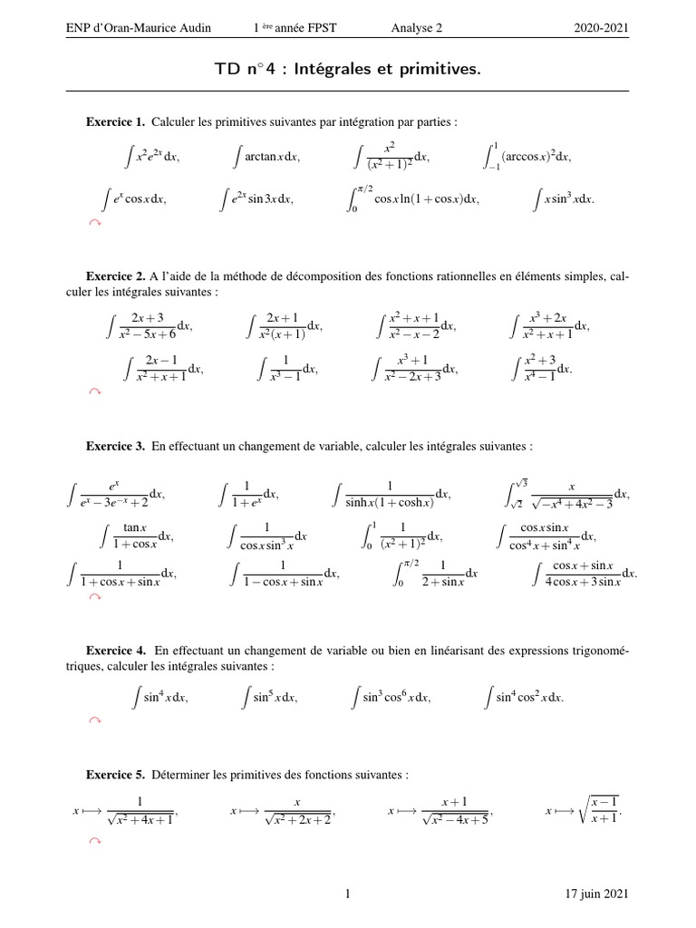 Analyse-II TD Intégrales FPST 2021 Corrigé | PDF | Intégral | Zone
