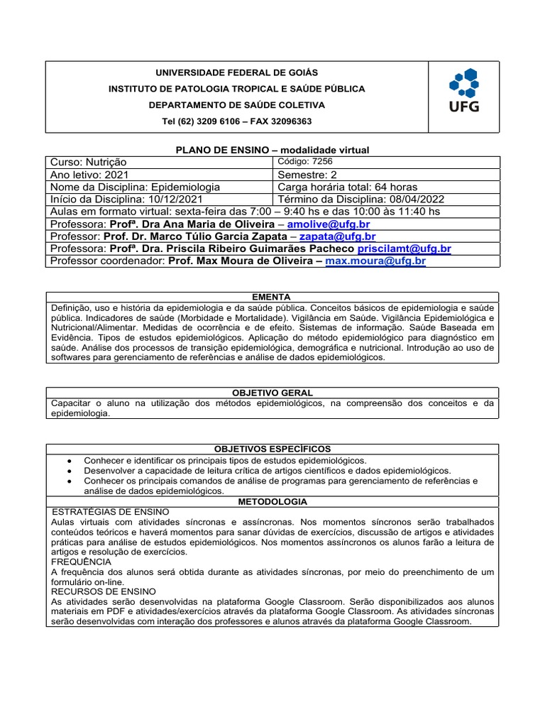 Plano de Ensino - Epidemiologia - 2sem - 2021 | PDF | Epidemiologia | Ciências da Saúde