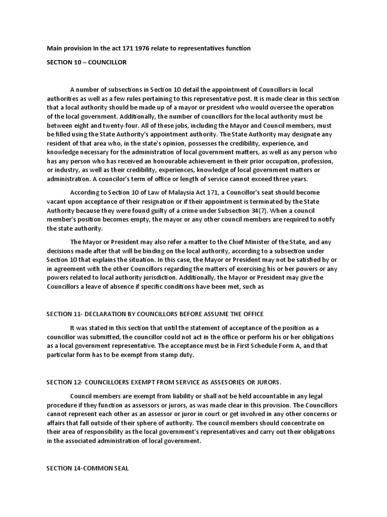 Main Provision in The Act 171 1976 Relate To Representatives Function ...