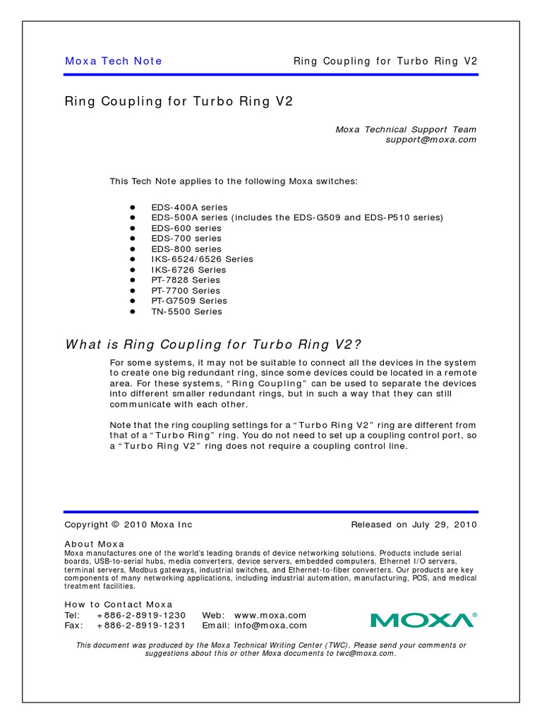 Moxa Ring Coupling For Turbo Ring v2 Tech Note v1.0 | Download Free PDF ...