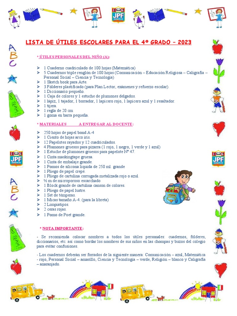 Útiles Escolares 4º Grado 2023 | PDF | Hogar, jardinería y bricolaje