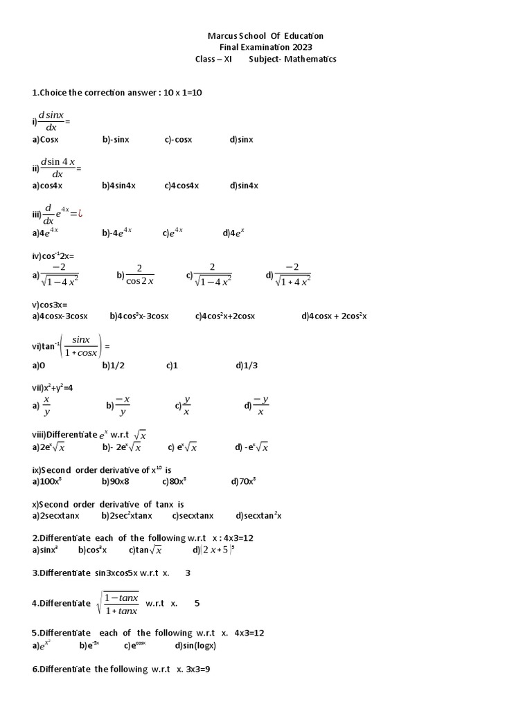CL Xi Maths Final 2 | PDF | Combinatorics | Trigonometry